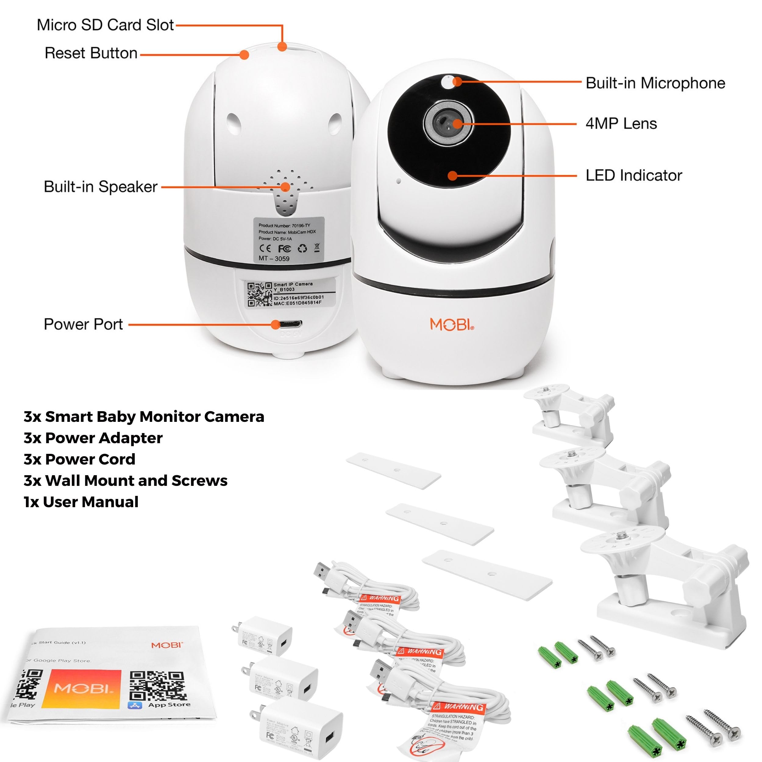 MobiCam HDX Wi-Fi Pan & Tilt Smart Nursery, Elderly & Home Monitoring Camera, 1080p HD Indoor Security Night Vision IP Camera, Motion Detection, Two-Way Audio, Cloud & SD Card Storage - (3-Pack)