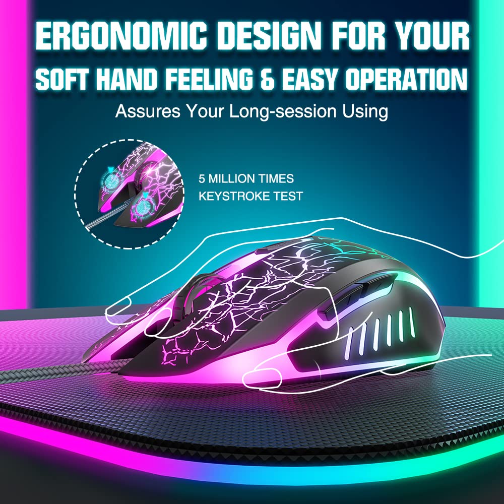 BENGOO Gaming Mouse Wired, USB Optical Computer Mice with RGB Backlit, 4 Adjustable DPI Up to 3600, Ergonomic Gamer Laptop PC Mouse with 6 Programmable Buttons for Windows 7/8/10/XP Vista Linux -Black