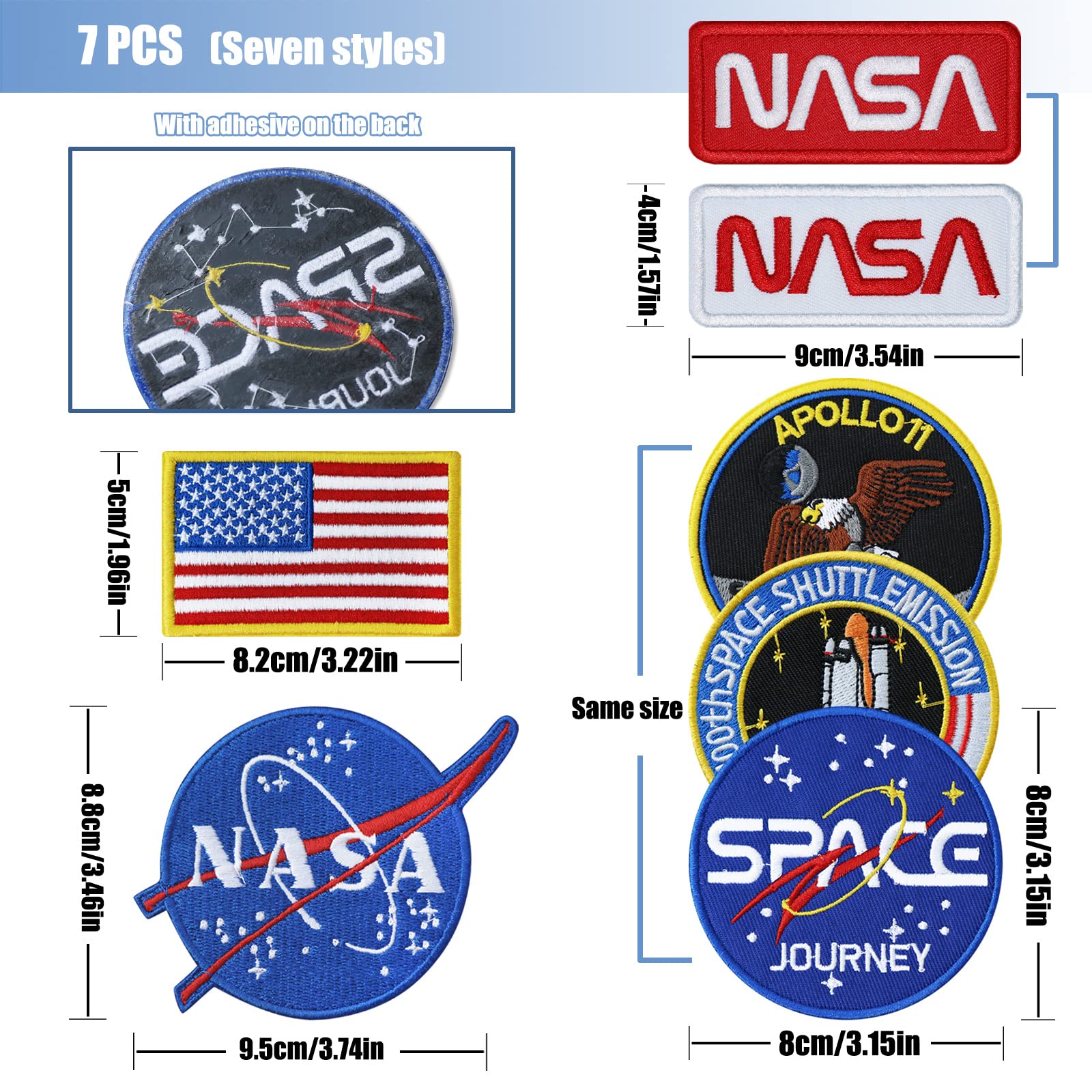 7pcs NASA Patch, Iron On Patches Space Badge Sew On Space Shuttle Embroidered and US Flag Patches for Jackets Backpacks Caps Hats Bags Clothing
