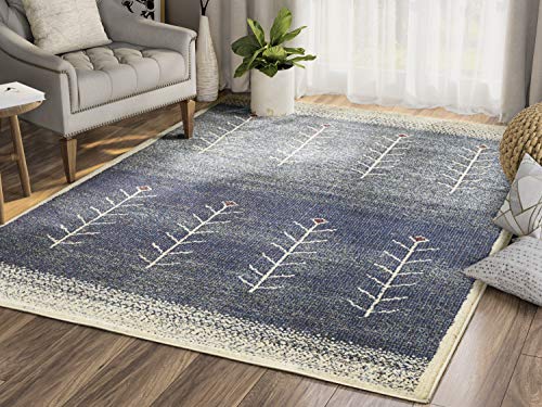 Abani Southwestern Distressed Vintage Style Area Rug, Mesa Collection - Blue & Beige Plant Stalk Design 3'x5' Accent Rug Rugs