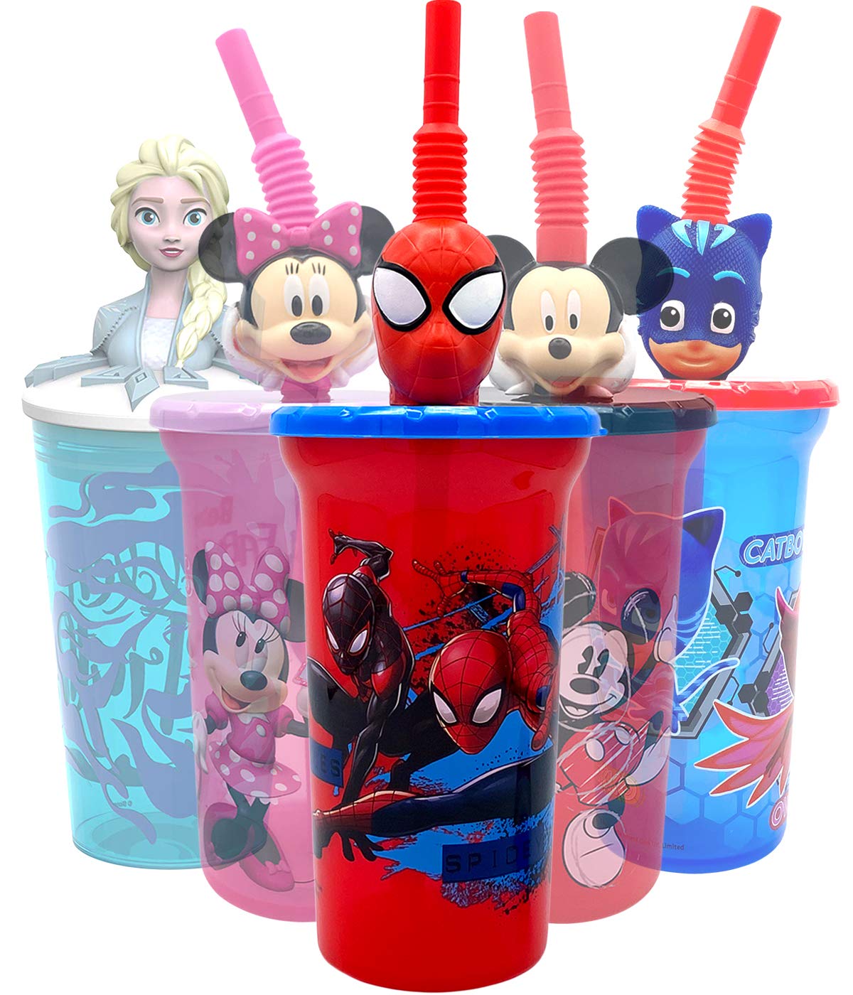 Marvel Super Hero Spiderman Water Tumbler with 3D Character Head Straw Drinkware - Safe BPA free Bottles, Easy to Clean, Perfect Gifts for Kids Boys Girls Toddlers for Home Travel Goodies