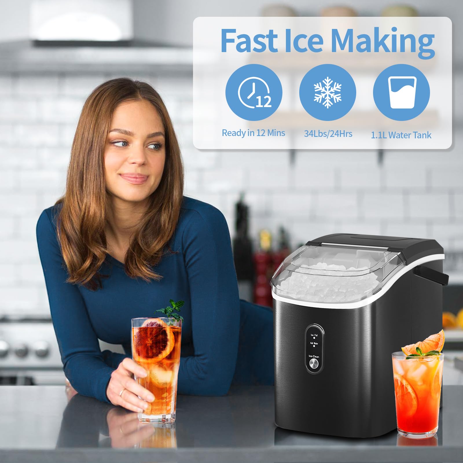 Nugget Countertop Ice Maker with Chewable Pellet Ice, Antarctic Star Portable Ice Machine Pebble Ice with Self-Cleaning, 34Lbs/24H, One Button Operation, for Kitchen, Home Stainless Steel Black