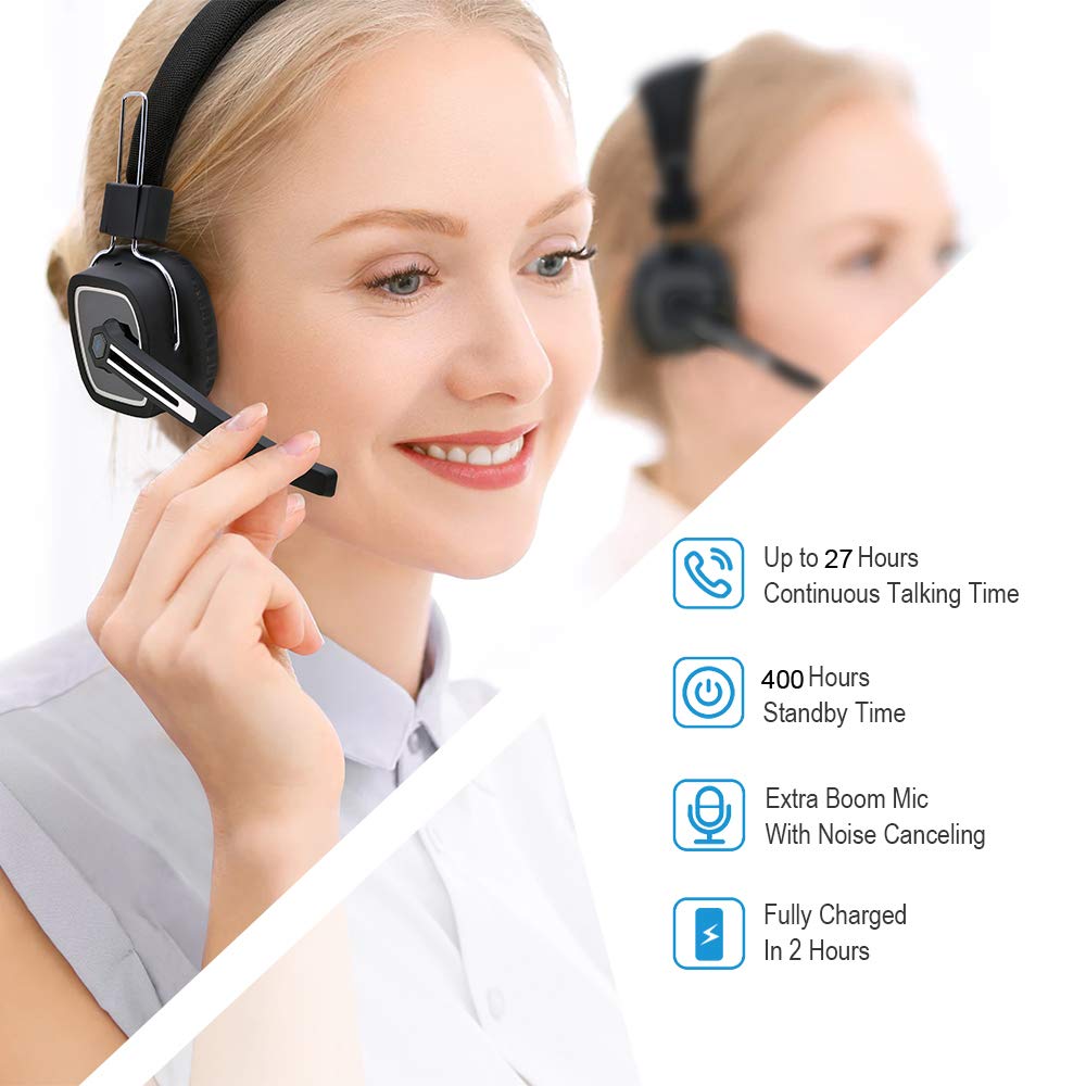 Trucker Bluetooth Headset Wireless with Noise canceling Microphone, On-Ear Wireless Headphones with Mic,Over The Head Earpiece for iOS & Android Mobile Phone, Skype, Truck Drivers, Call Center,Voip