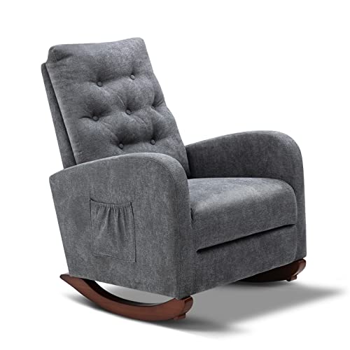 cinkehome Modern Accent Rocking Nursery Chair-Upholstered Rocker Glider Chair for Baby and Kids-Mid Century Tall Back Armchair with Solid Wood Legs-Living Room-Bedroom-Cotton Dark Gray