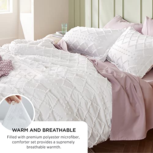 Bedsure Boho Comforter Set Queen - White Tufted Shabby Chic Bedding Comforter Set for All Seasons, 3 Pieces Western Comforter Set, Farmhouse Modern Bed Set, Spring Bedding for Women Men Girls