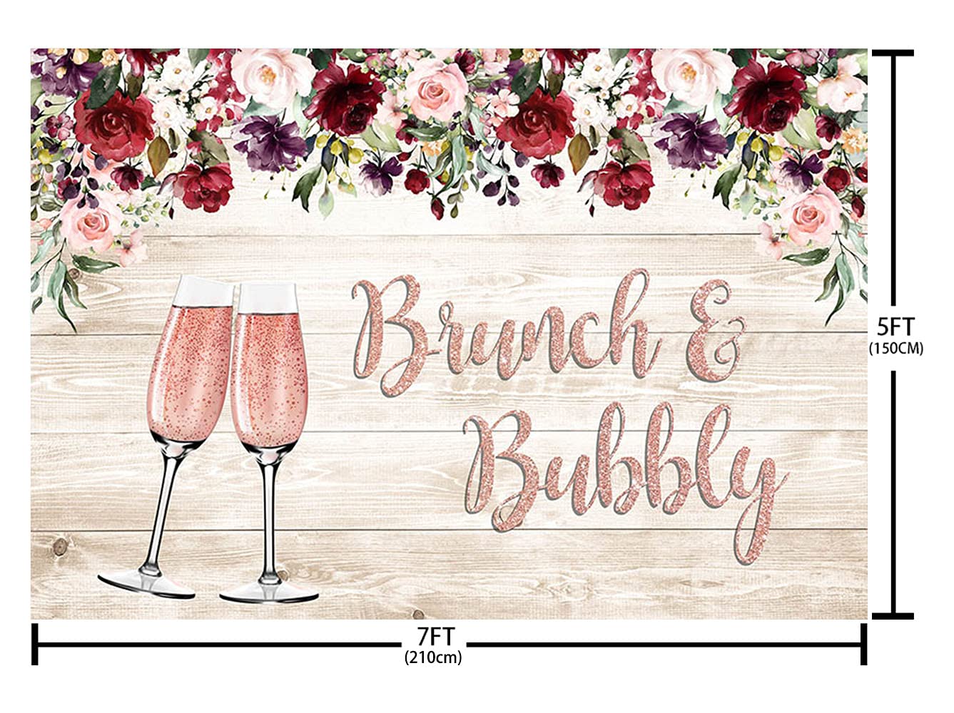 ABLIN 7x5ft Brunch and Bubbly Backdrop for Bridal Shower Rustic White Wood Red Rose Flowers Floor Photo Background Bride to Be Engagement Wedding Party Decorations Banner Props