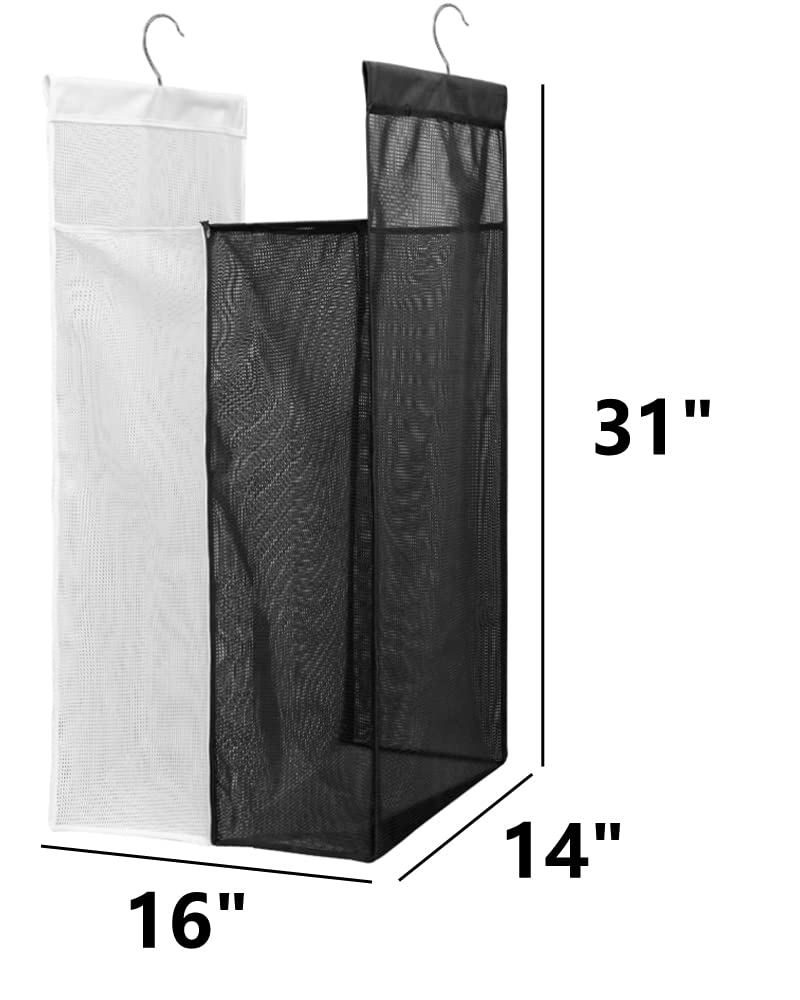ALYER 2 Sections Collapsible Mesh Laundry Hamper,Hanging Heavy Duty Laundry Basket and Durable Dorm Bathroom Storage Bag with Two Hangers,Black & White
