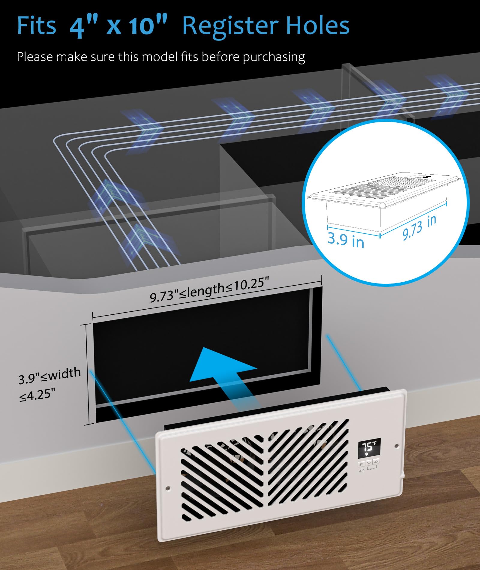 Abida 4" x 10" Register Booster Fan with Thermostat Control, Quiet Smart Register Vent with 10 Gear Wind Speed, Aluminum Frame Heating Cooling AC Vent (White, With Remote)