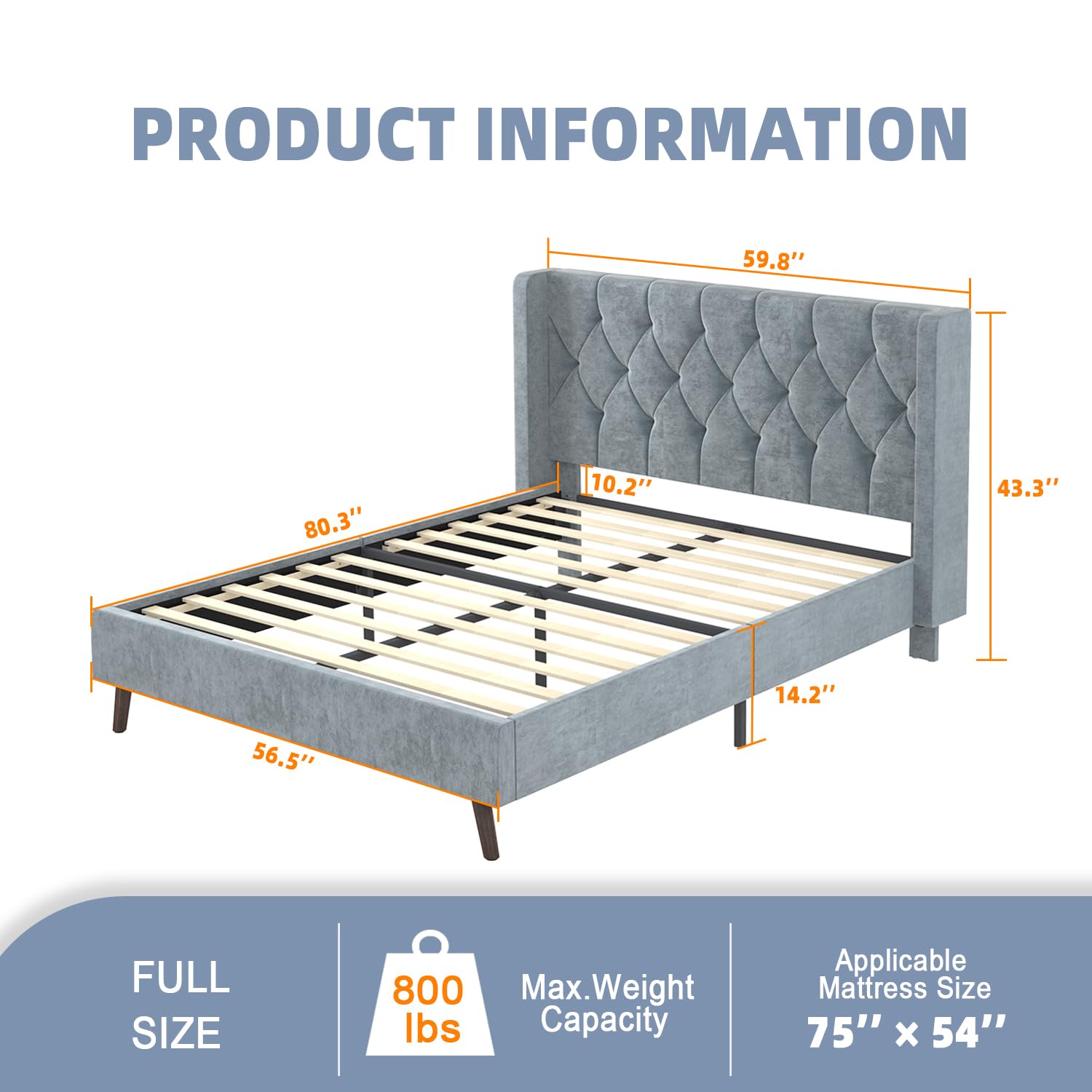 Chenoa Upholstered Full Size Bed Frame Tufted Platform Bedframe with Wingback Headboard, Wood Slat Mattress Foundation, No Box Spring Needed, Noise-Free and Non-Slip, Easy Assembly, Light Gray