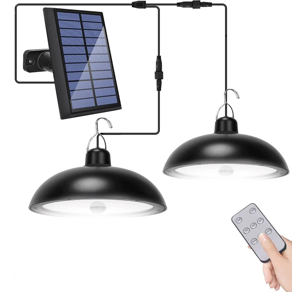 Aolyty Upgrade Solar Pendant Light with Double Head Shed Light 3 Working Modes Waterproof Solar Powered Hanging Lights with Remote Control Dimmable for Garden Yard Corridor Walkway Garage Driveway