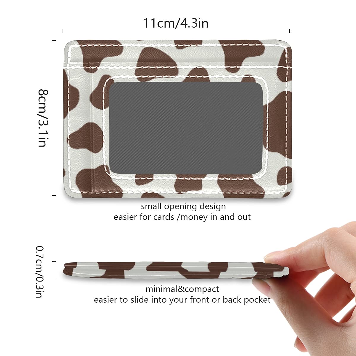 JUNZAN Slim Wallet Brown Cow Print Minimalist Wallets for Men Women Leather RFID Blocking Front Pocket Card Holder