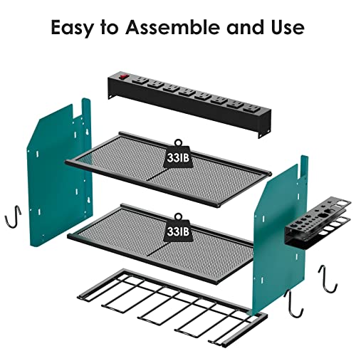 CCCEI Modular Power Tool Organizer Wall Mount with Charging Station. Garage 4 Drill Storage Shelf with Hooks, Screwdriver, Drill Bit Heavy Duty Rack, Tool Battery Holder Built in 8 Outlet Power Strip.