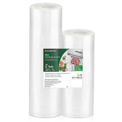 Bonsenkitchen Vacuum Food Sealer Rolls Bags, 8" x 50' & 11" x 50' Storage Bags, BPA Free, Durable Commercial Customized Size Food Bags for Food Storage and Sous Vide Cooking