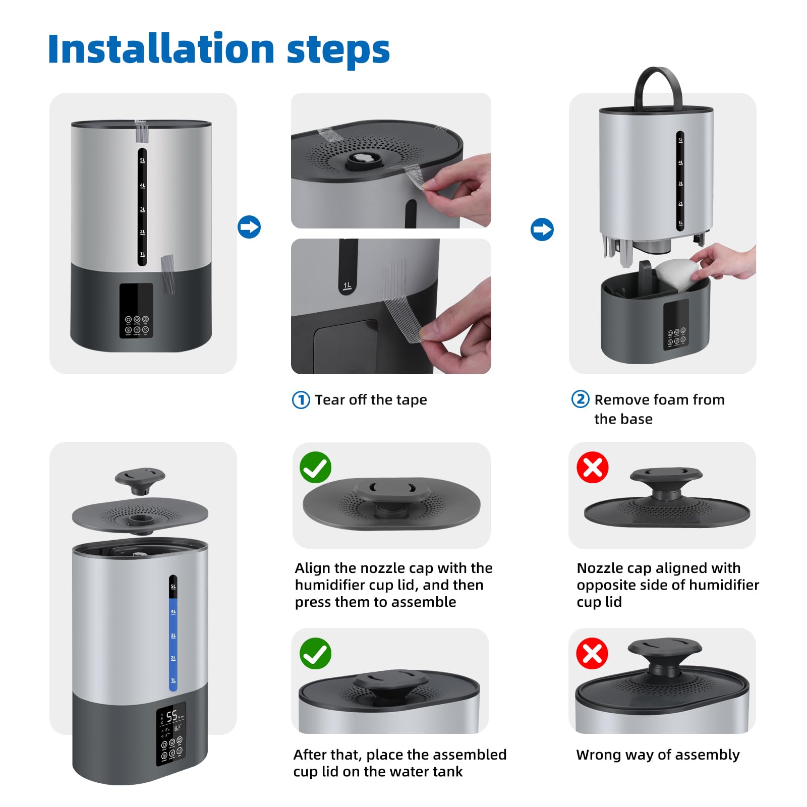 5L Humidifiers for Bedroom and Plants, Ultrasonic Cool Mist Humidifiers for Baby home Mist Top Fill Desk Humidifiers Essential Oil Diffuser, Quiet Humidifiers with Adjustable Mist,360°Nozzle-Gray