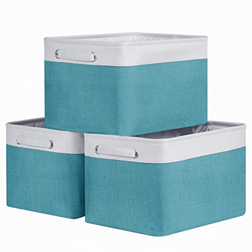Bliecamile Fabric Baskets for Storage,Collapsible Storage Baskets for Shelves,Fabric Storage Basket,Foldable Storage Basket for Organizing with Handles for Closet,Office(15×11×9.5-3 Pack,White&Teal)