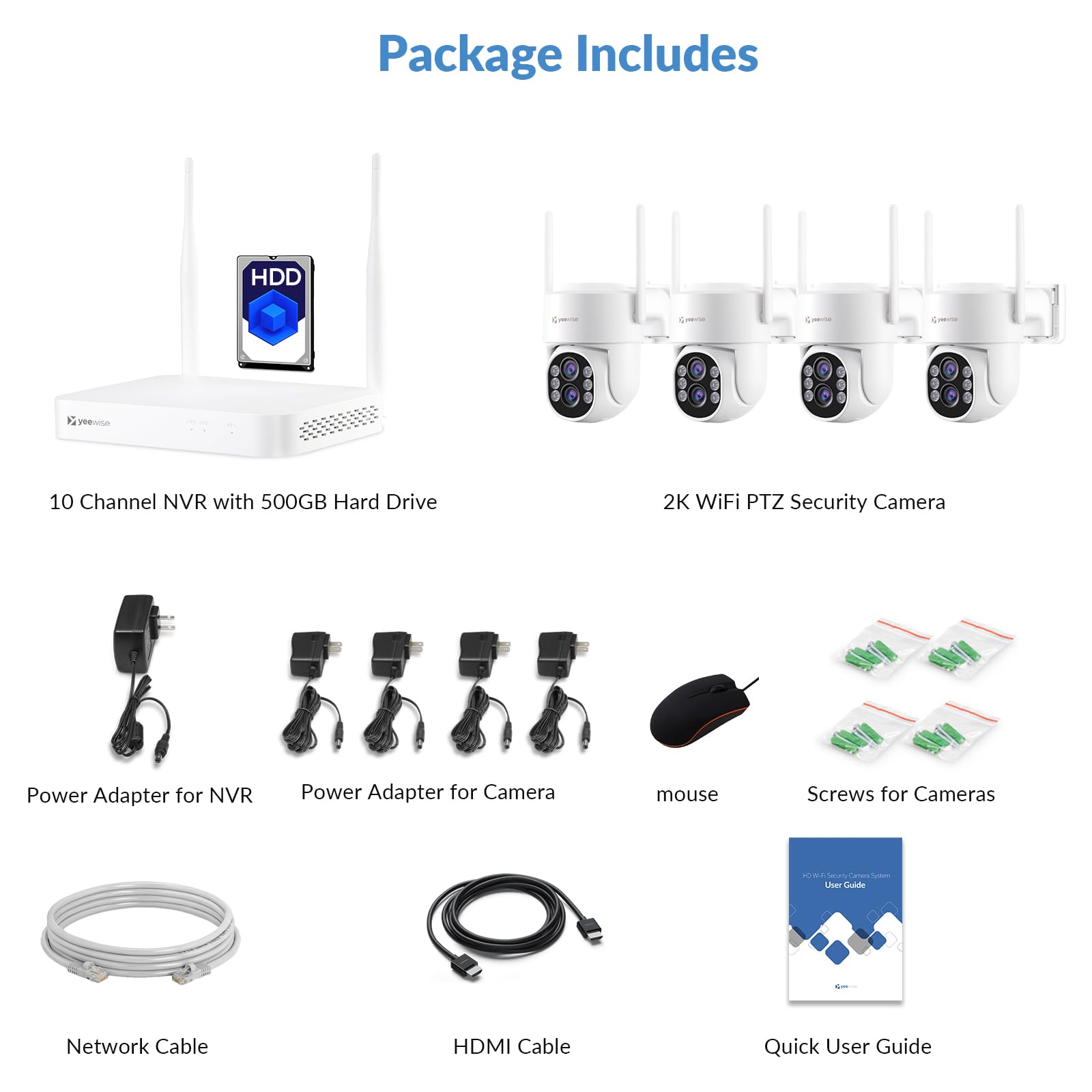 2K Wireless Security Camera System, Plug-in Outdoor PTZ WiFi Camera System, 4pcs Dual Lens Pan Tilt WiFi Camera with Auto Tracking, 10CH WiFi NVR with 500GB HDD for 24/7 Recording (Add-on Camera)