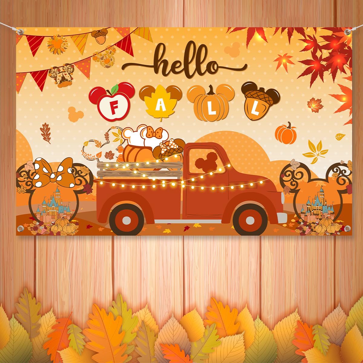 Hello Fall Backdrop Decoration,Fall Theme Supplies Mouse Pumpkin Photography Background Banner Maple Leaf Photo Props for Thanksgiving Party Decoration
