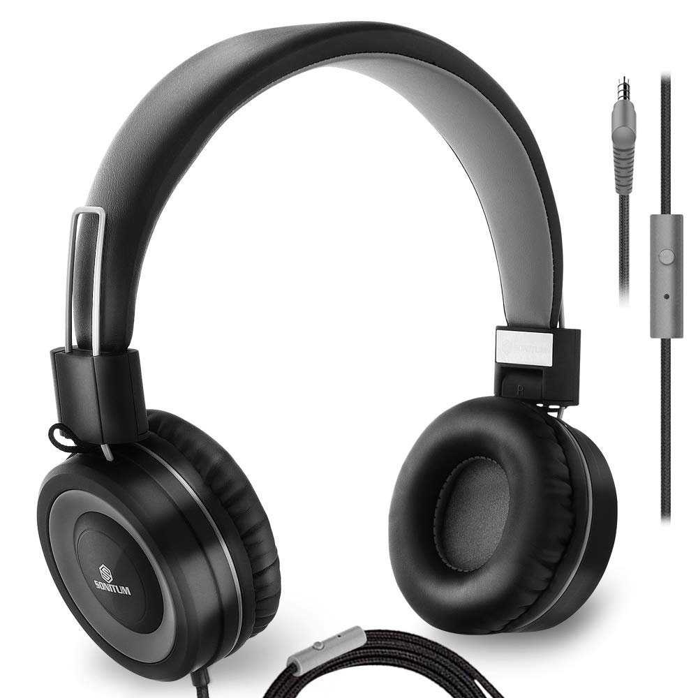 Sonitum Kids Headphones with Microphone, Wired Head Phones with Volume Control for Computer Cellphone, On Ear Headphones for School, Foldable/Adjustable fit Tangle Free 1.5m Cord, 3.5mm Jack