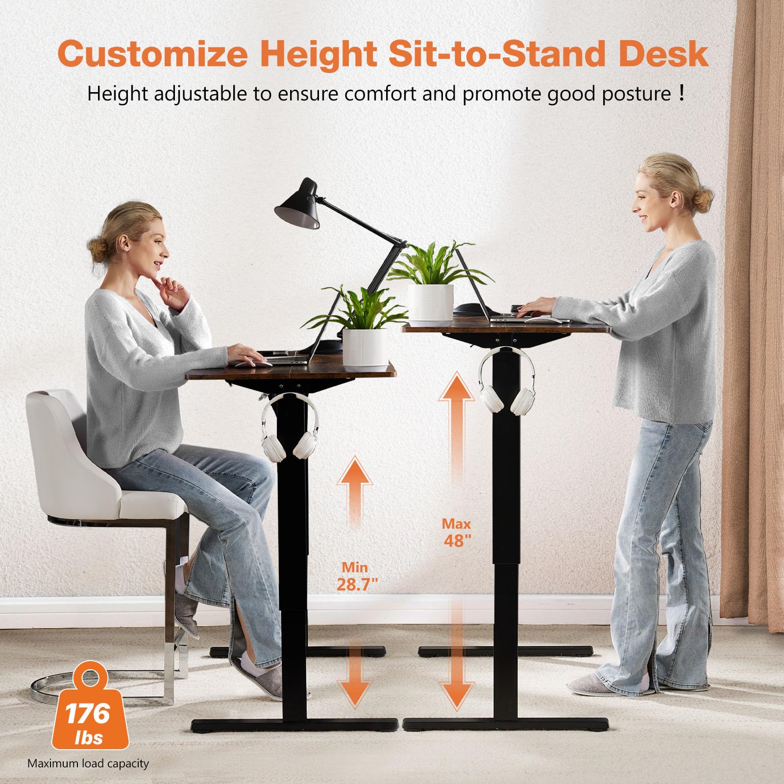 Sweetcrispy Electric Standing Desk - 48 x 24 inch Adjustable Height Sit to Stand Up Desk with Splice Board, Rising Home Office Computer Table with 2 Hook and Wire Hole for Work