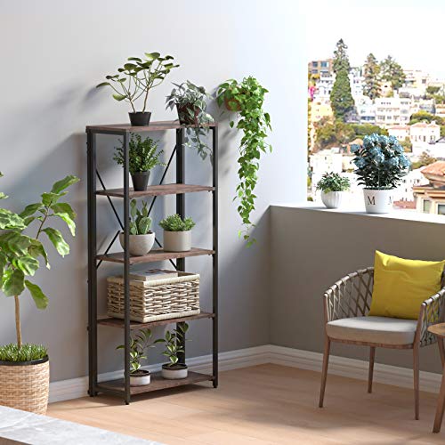 Bookshelf,5-Tier Folding Bookcase,Industrial Book Shelf,Rustic Wood Storage Shelves,Tall Bookshelf,Shelves For Bedroom,Office,Kitchen,Living Room,Study Room,No Assembly Folding Bookshelf,Black