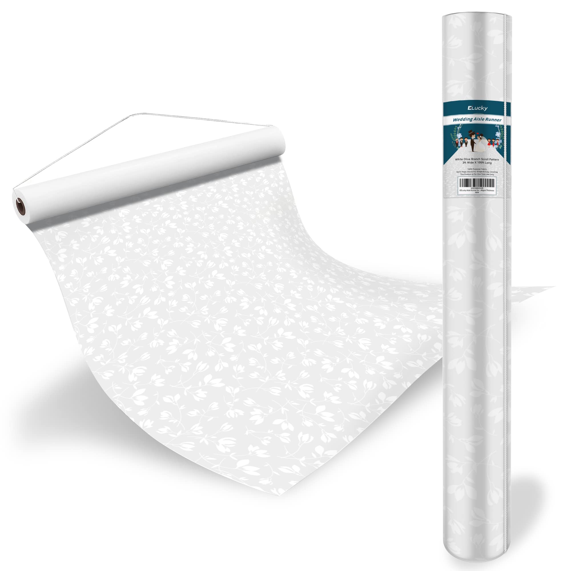 EZLucky Aisle Runner for Wedding Ceremony 3X100 ft, White Olive Branch Scroll Pattern, Pull String Included, Perfect for Wedding, Parties, Christmas Decor, Indoor & Outdoor Use 40gsm Thickness