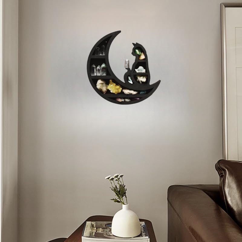Liebemode Wooden Moon Shelf for Crystals Display, Cat on The Moon Shelf Wall Decor Gothic Shelves for Crystals, Stones and Essential Oils