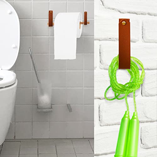 Abeillo 4 Pcs Medium Leather Wall Hooks, Artificial Leather Straps Hanger Wall Mounted Towel Hook Hanging Strap Holder for Bathroom Kitchen Bedroom Nordic Boho Decor (Brown)