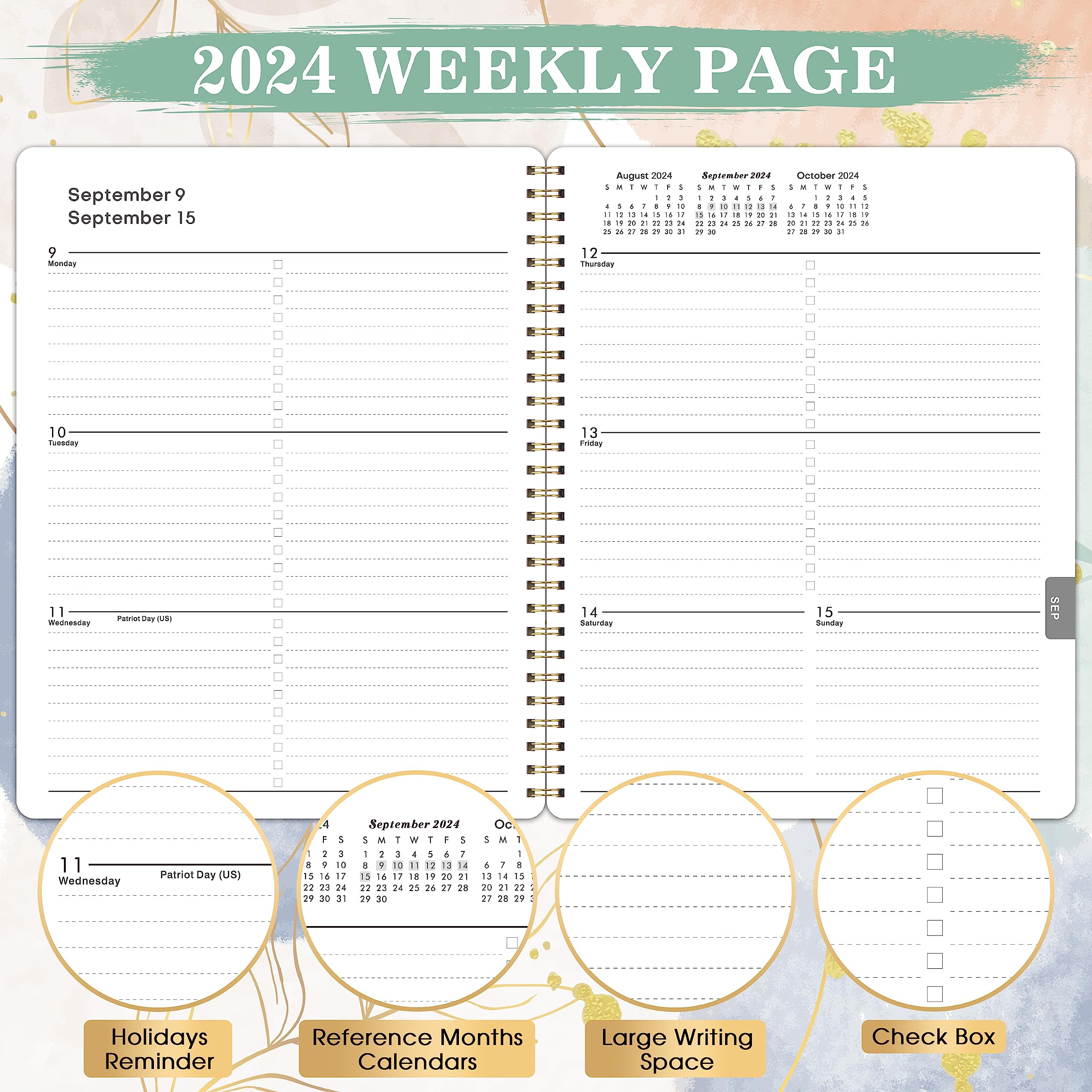 2024 Planner - Planner/Calendar 2024, Jan. 2024 - Dec. 2024, 2024 Planner Weekly and Monthly with Printed Tabs, 8" x 10", Flexible Cover with Thick Paper + Twin-Wire Binding - Waterink