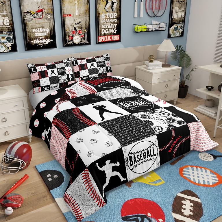 Erosebridal Twin Kids Baseball Comforter Set Softball Bedding Set Sports Game Quilted Comforter for Kids Patchwork Down Comforter Baseball Gift Duvet Insert 2pcs, Red Black Gray,Twin