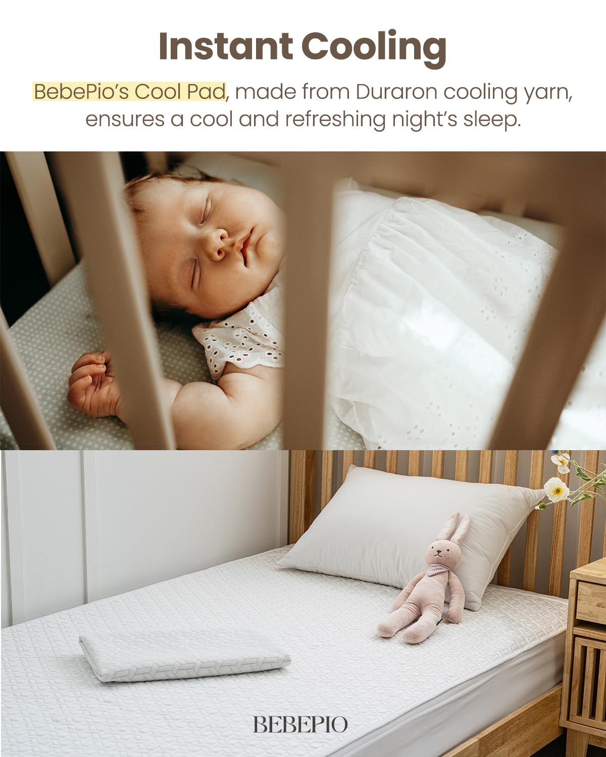 BebePio Duraron Cooling Mattress Topper Pad – Q-max 0.4 Chilling Effect Summer Blanket for Hot Sleepers & Babies – Quick Dry, Breathable, Cool Bed Throw (White, Grey), Mini