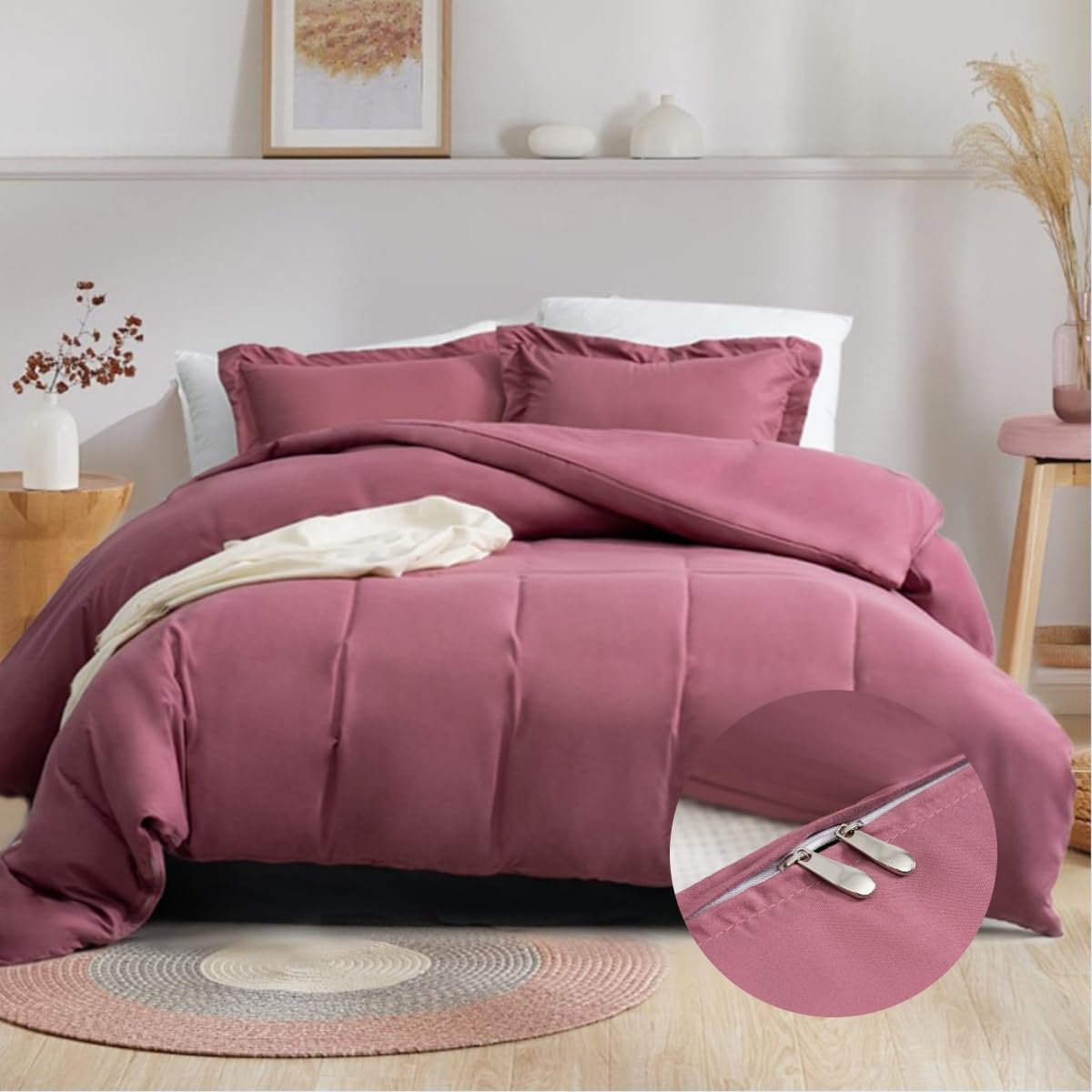 L&son Duvet Cover Set 3 Pieces All Season Warm Breathable and Soft Material Brushed Microfiber 3 Pieces - Queen Size Rose Pink