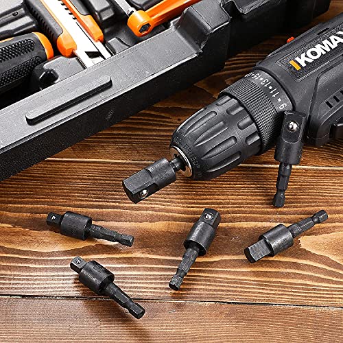 4-Piece Power Drill Sockets Adapter Sets,360°Rotatable 1/4" 3/8" 1/2" Impact Grade Driver Sockets Adapter Extension Set Drill Bit+105 Degree Right Angle Screwdriver set Drill Hex Bit Socket Adapter