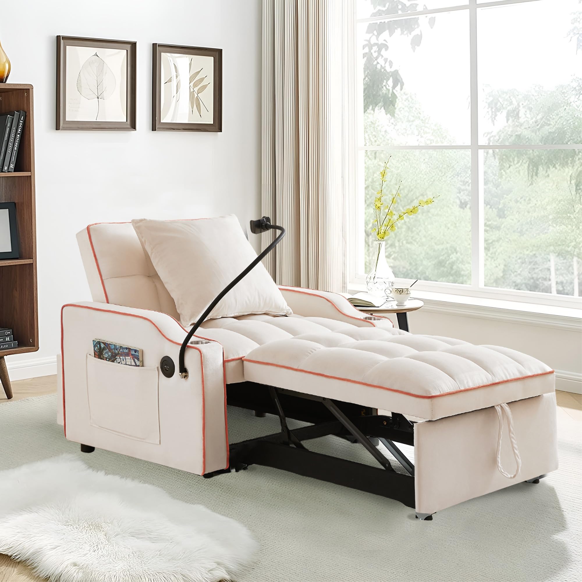 SPOWAY 3 in 1 Sleeper Sofa Couch Bed, Velvet Convertible Single Sleeper Sofa with USB Port and Ashtray and Swivel Phone Stand, Storage Pockets, Pull Out Single Sleeper for Living Room, Beige