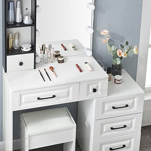 Abesthink Makeup Vanitv Table with Drawers,White Vanity with Mirror and Light Set,Vanity Desk with Drawers and Lights,Modern Vanity Table Desk with Shelves and Stool for Bedroom
