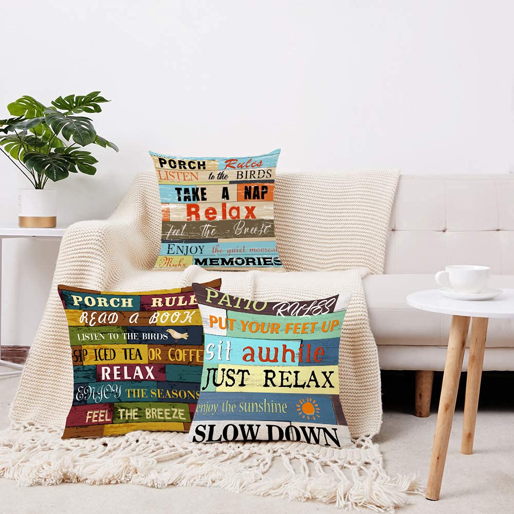 KJONG Patio Rules Throw Pillow Covers Porch Decorations Outdoor Pillow Covers Retro Rustic Wood Texture Pillowcovers Square Pillowcase for Home Garden Farmhouse Decor Patio Décor 18X18 inch