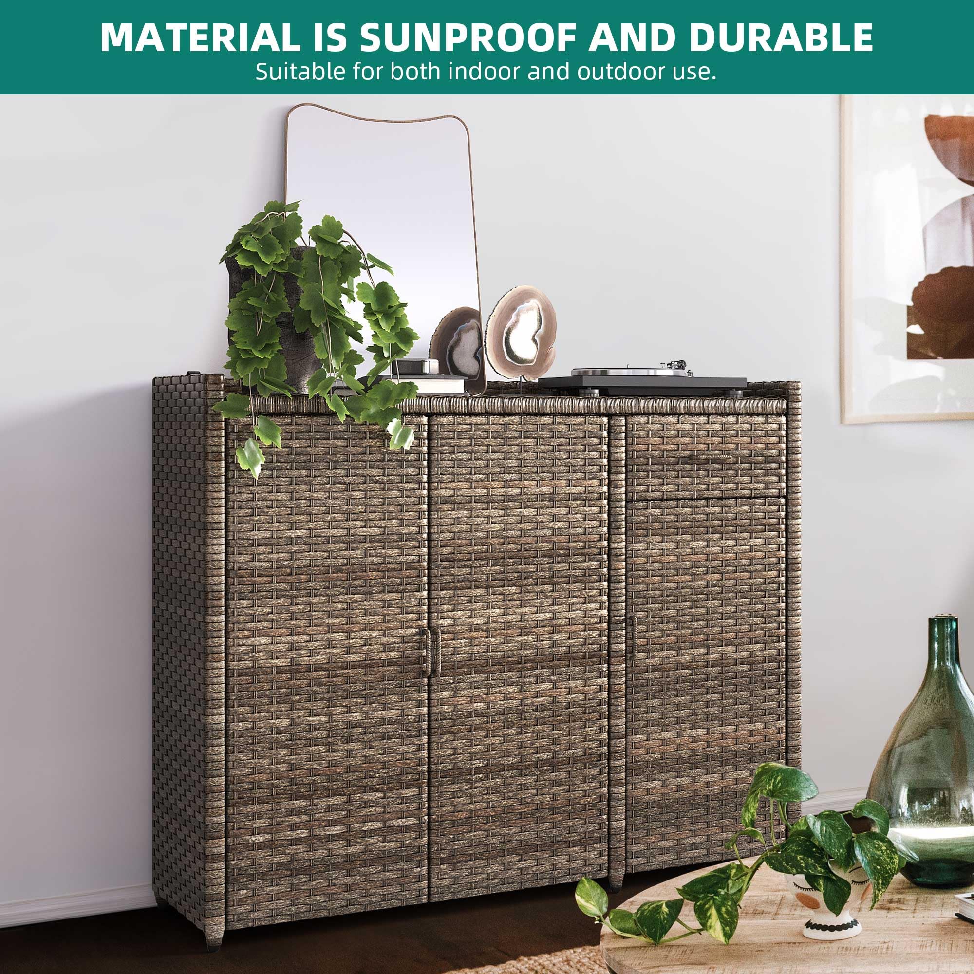 YITAHOME Outdoor Storage Cabinet, Weather-proof Rattan Bar Table with Two Doors, Adjustable Shelves & Foldable Drawer, Wicker Patio Storage Box for Outdoor Cushions, Pool Toys and Garden Tools - Brown
