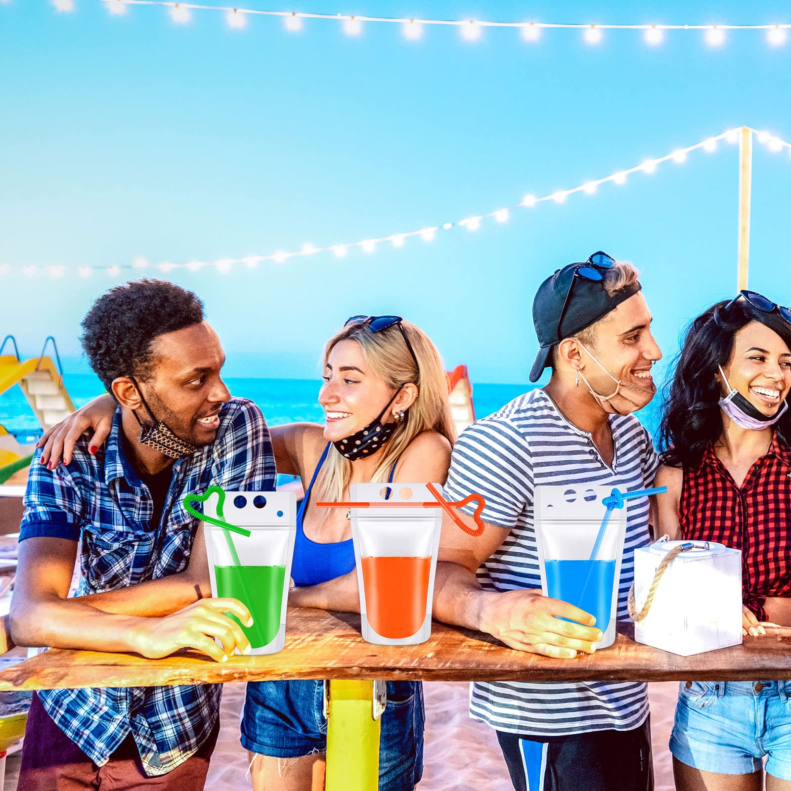 500 Count Summer Plastic Drink Pouches with Straws Heavy Duty Handheld Translucent Reclosable Drink Bags Portable Liquor Pouches Zipper Plastic Pouches for Cold and Hot Drinks for Adults and Kids