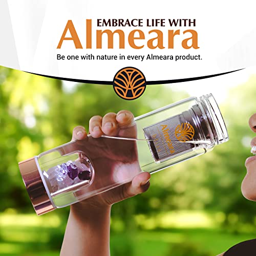 Almeara Crystal Water Bottle with Authentic Amethyst, Rose Quartz & Clear Quartz Removable Gemstones, Loose Leaf Tea Infuser - Relaxation, Healing & Spiritual Gifts for Women - Witchcraft Supplies