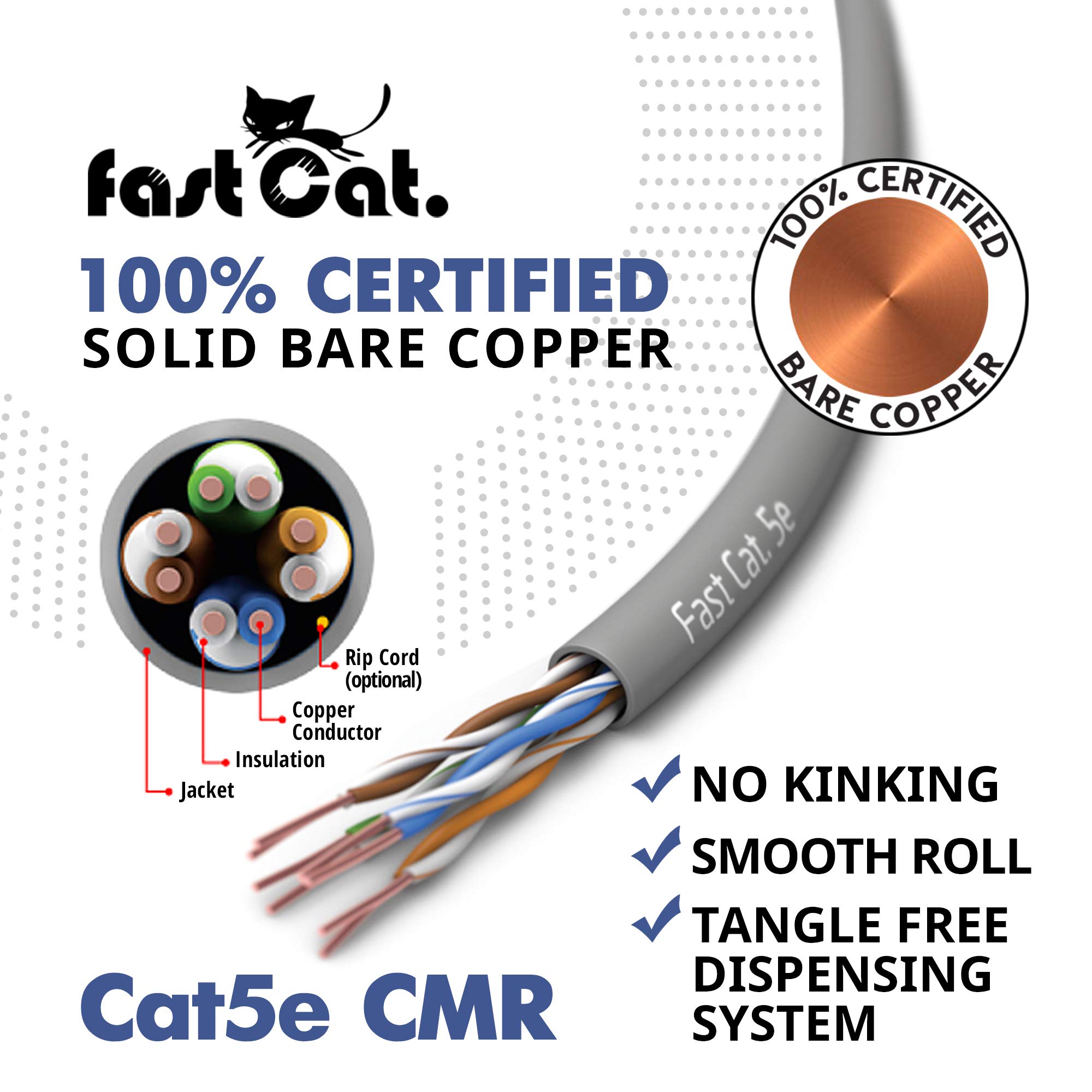 fast Cat. Cat5e Ethernet Cable 1000ft - 24 AWG, CMR, Insulated Bare Copper Wire Cat 5 ethernet Cable with FastReel - 350MHZ / Gigabit Speed UTP Cable Cat5e - CMR (Blue)