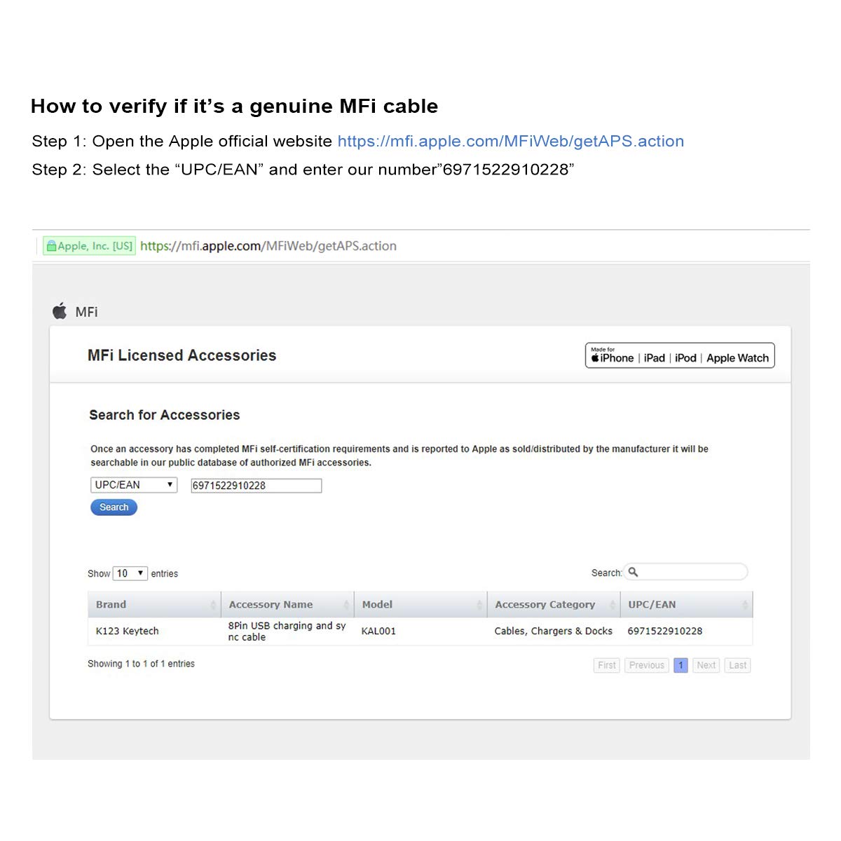 K123 Keytech Apple MFi Certified USB Lightning Cable 3ft iPhone Charger Cord 1M Premium White Data Cable for ipad, iPhone Xs/Xs Max/XR/X/8/8 Plus/7/7 Plus/6/6 Plus/5