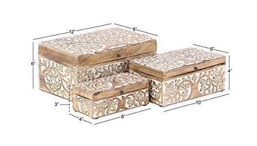 Deco 79 Mango Wood Floral Box with Hinged Lid, Set of 3 8", 10", 12"W, Brown