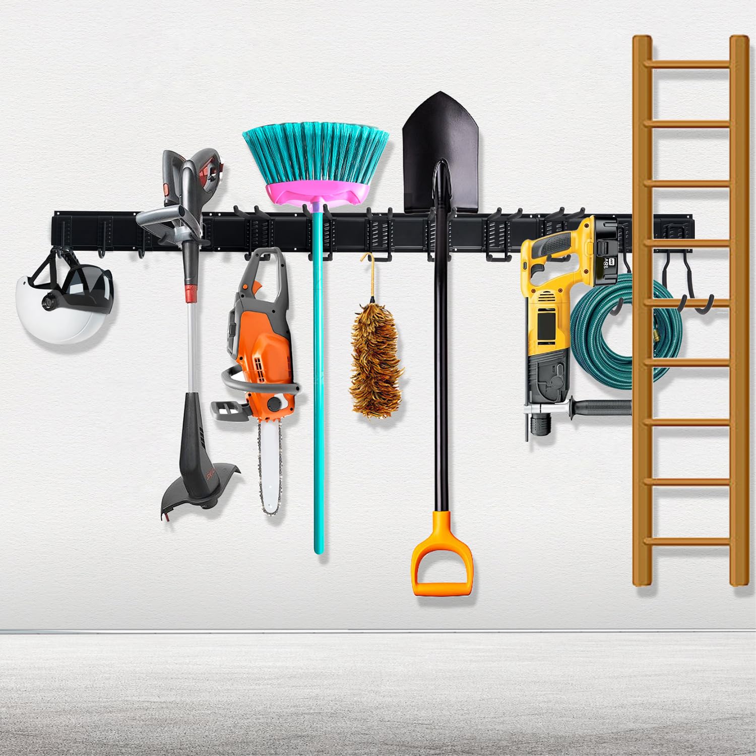 Sinoer Garage Garden Tool Organizer Wall Mount, Tool Storage Rack with 12 Hooks with 2 Straps, for Trimmers, Hoses,Garden Tools, Chairs