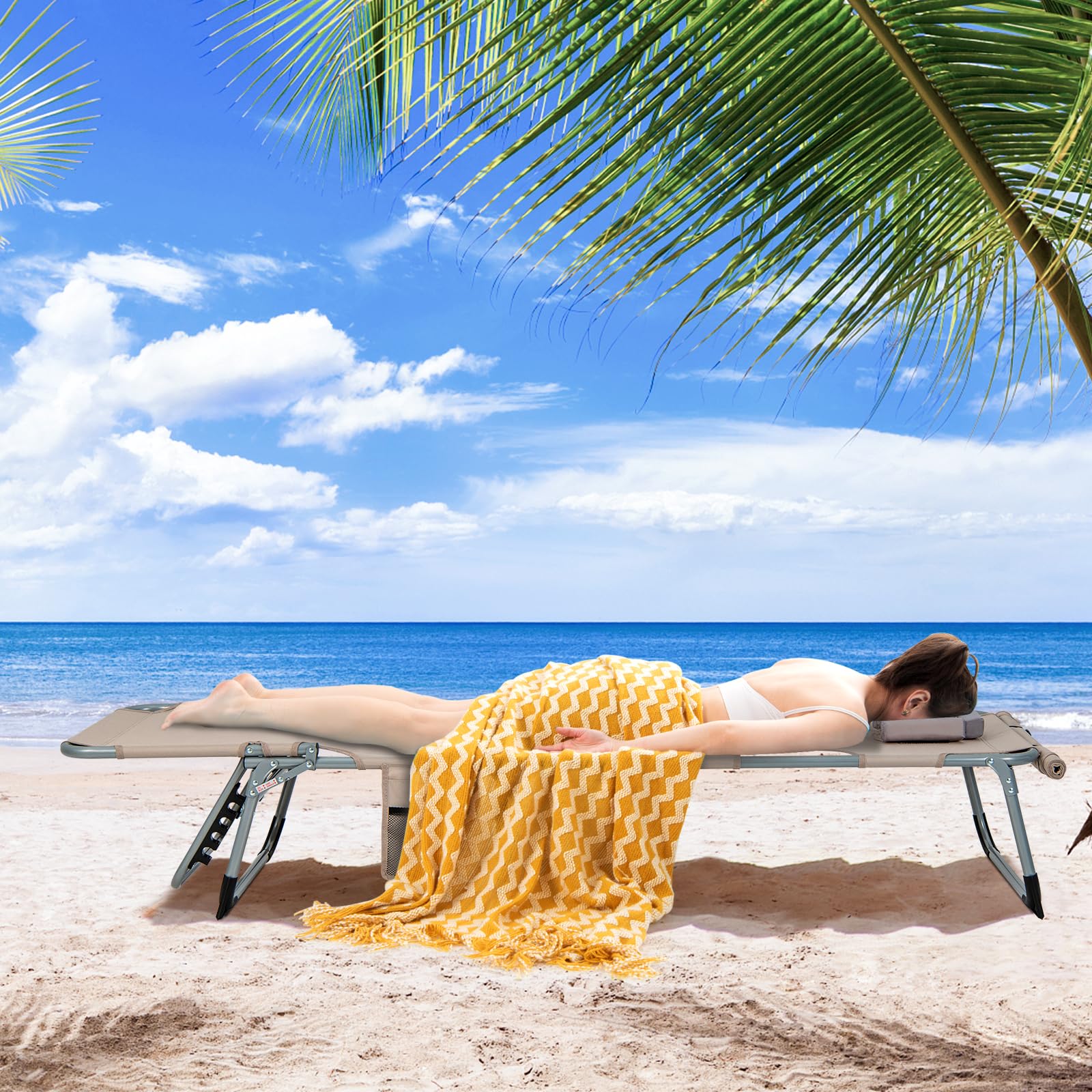 Tangkula Beach Lounge Chair, Outdoor Folding Tanning Chair with Face/Arm Hole, 2 Carry Handle, Pillow, Adjustable Backrest, 400 LBS Face Down Sunbathing Chair for Outside Beach Poolside