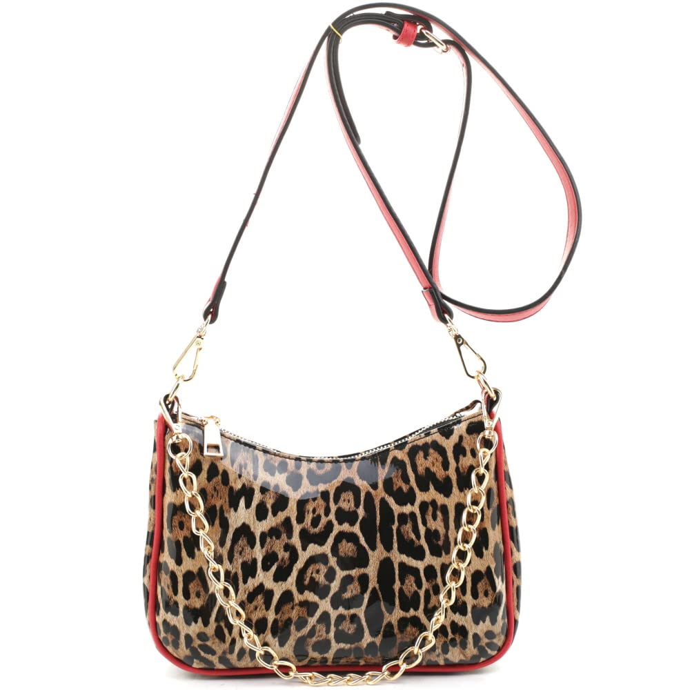 Patent Vegan Leather Womens Girls Leopard Print Retro Vintage Chain Shoulder Bag Crossbody Purse (Red)