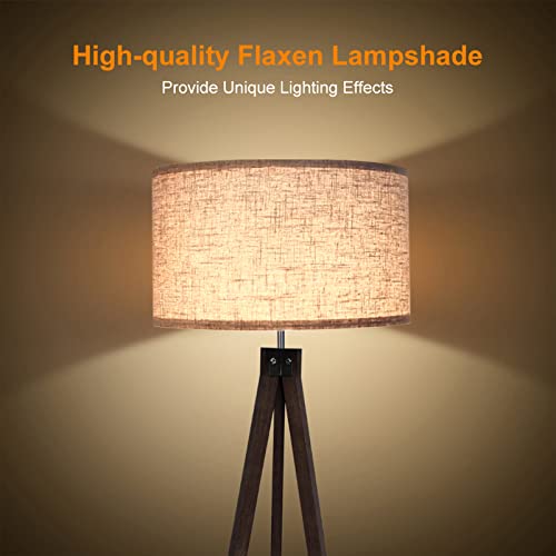 LEPOWER Wood Tripod Floor Lamp, Mid Century Standing Reading Light for Living Room, Bedroom, Study Room and Office, Modern Design, Flaxen Shade with E26 Base (Walnut)