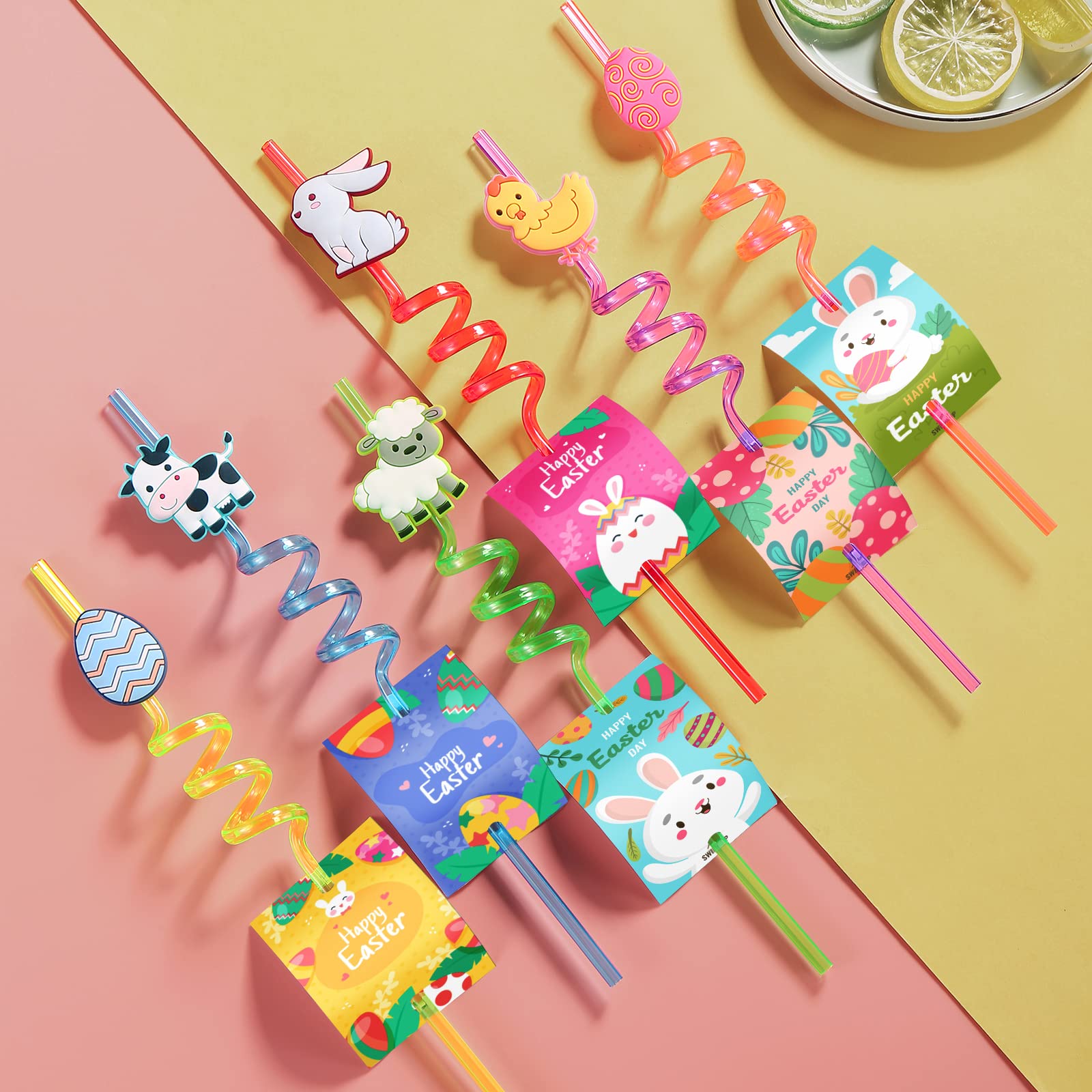 24 Easter Party Favors Easter Eggs Bunny Carrot Chicken Cow Sheep Drinking Straws for Kids Easter Gifts,Easter Party Supplies Decorations with 2 PCS Straws Cleaning Brush