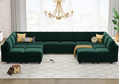 Belffin Oversized Modular sectional Sofa with Double Chaises U Shaped Sectional Sleeper Sofa Couch Reversible Sectional Sofa with Storage Velvet Green