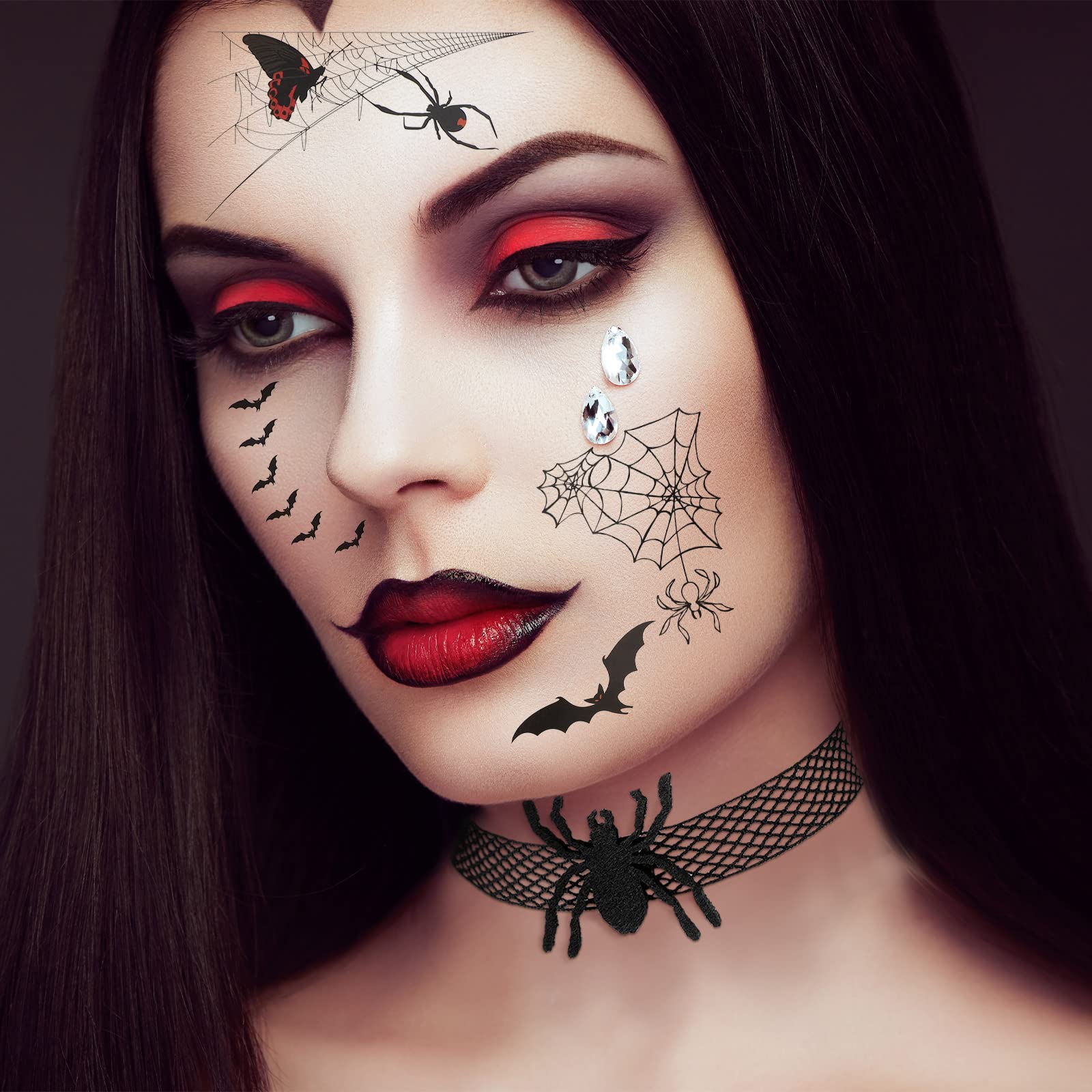 8 Pcs Halloween Cosplay Party Accessories 6 Sheet Halloween Spider Face Tattoos Spider Web Net Temporary Tattoos 1 Halloween Spider Necklace Lace Choker 1 Halloween Spiderweb Headband Head Piece