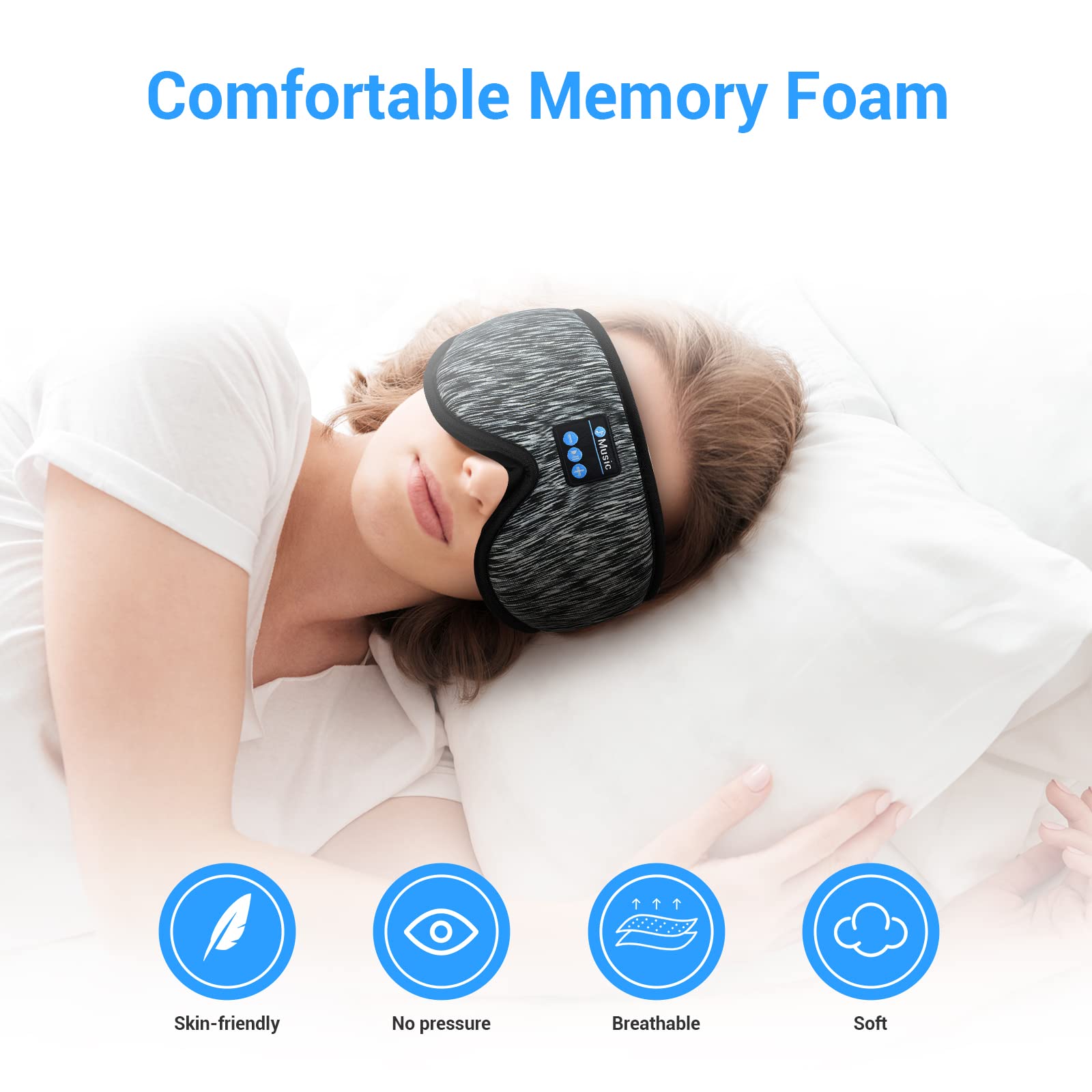 Bluetooth Sleep Eye Mask 3D Sleep Headphone with Headphones with Speakers and Microphone, Wireless Music Sleeping Eye Mask Washable Earbuds for Side Sleeper, Air Travel, Office Nap, Meditation (Grey)