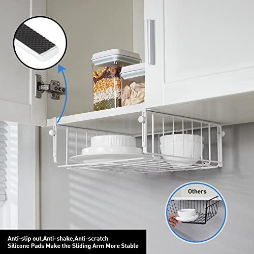 AmonHouseware 2 Pack Hanging Under Shelf Storage Basket,Adjustable Under Cabinet Add-on Storage Racks Slide-in Baskets Organizer for Laundry Room Kitchen Pantry Desk Bookshelf, White